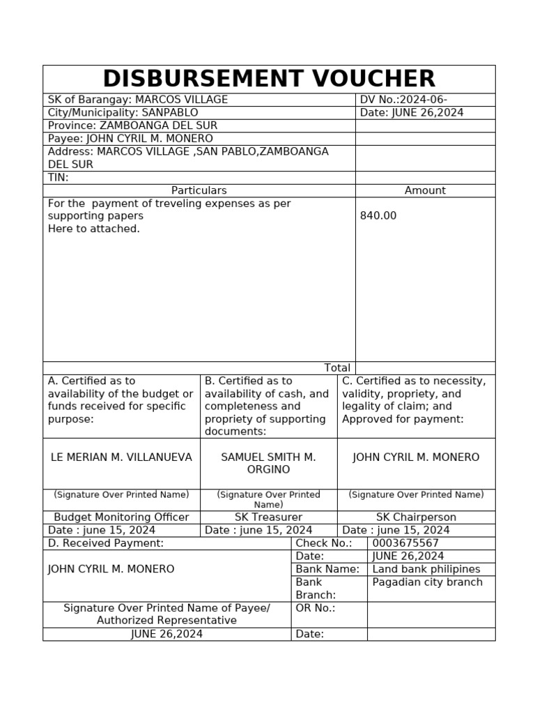 Disbursement Voucher 1 | PDF