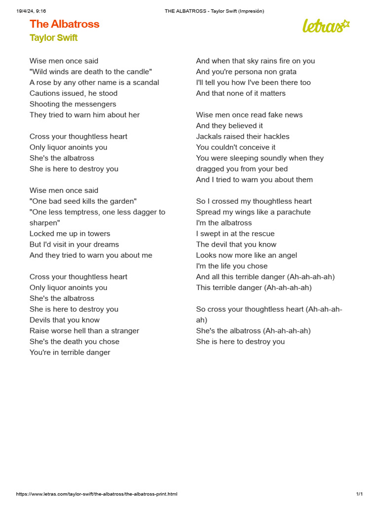 19 THE ALBATROSS - Taylor Swift (Impresión) | PDF