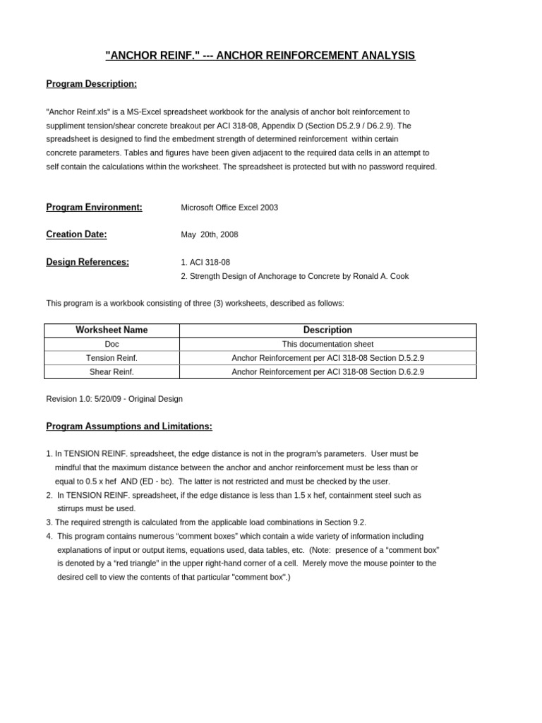 Anchor Reinforcement Analysis Tool | PDF | Microsoft Excel | Spreadsheet