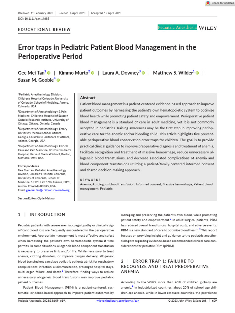 Error Traps in Pediatric Patient Blood Management in The Perioperative ...