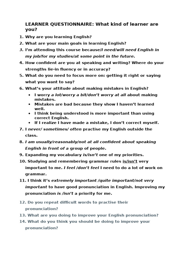 Learner Questionnaire | PDF