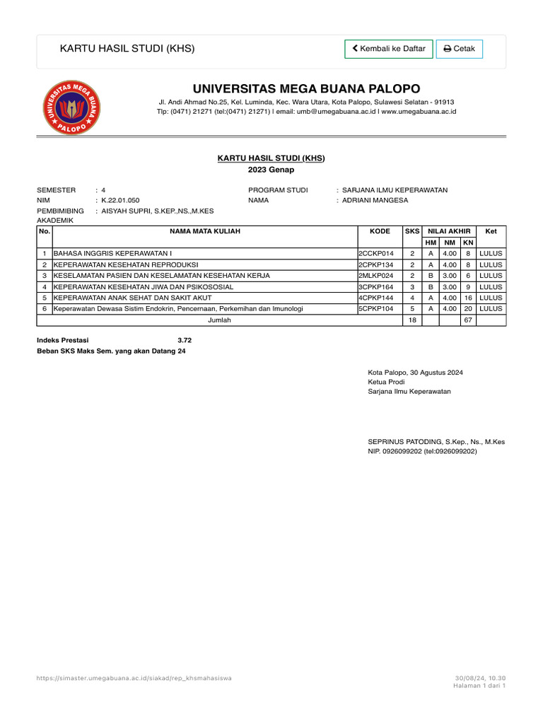 Kartu Hasil Studi (Khs) | PDF