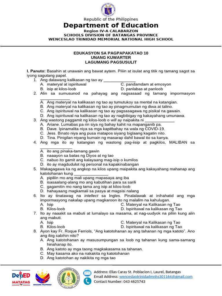 Unang Markahang Pagsusulit Sa EsP 10 Final | PDF