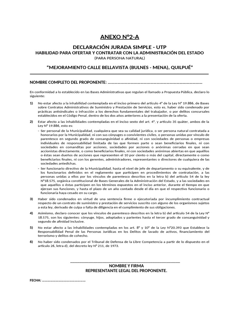 Anexo N°2-A - Declaracion Jurada Habilidad | PDF