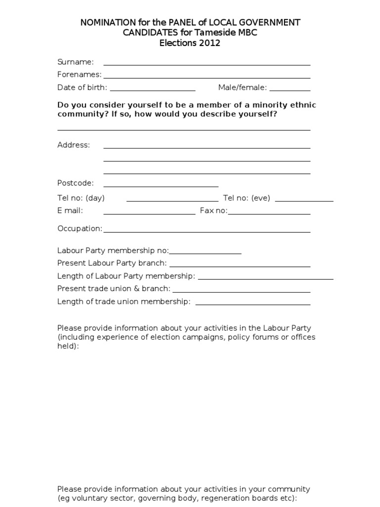 Panel Application Form | Labour Party (Uk) | Elections