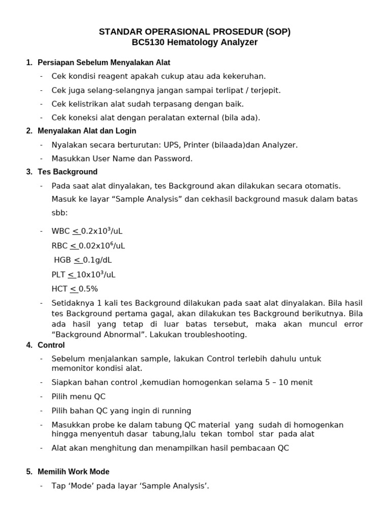 SOP Mindray BC-5130 | PDF