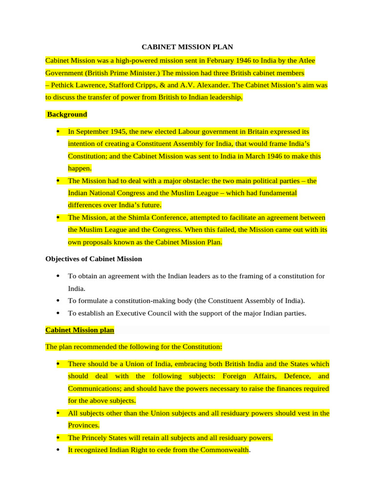 Cabinet Mission Plan | PDF