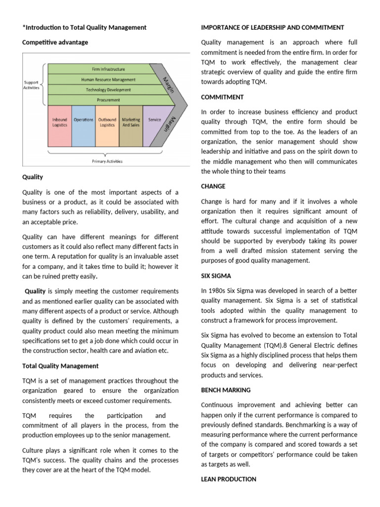 TQM - Prelim Reviewer | PDF | Quality Management | Quality (Business)