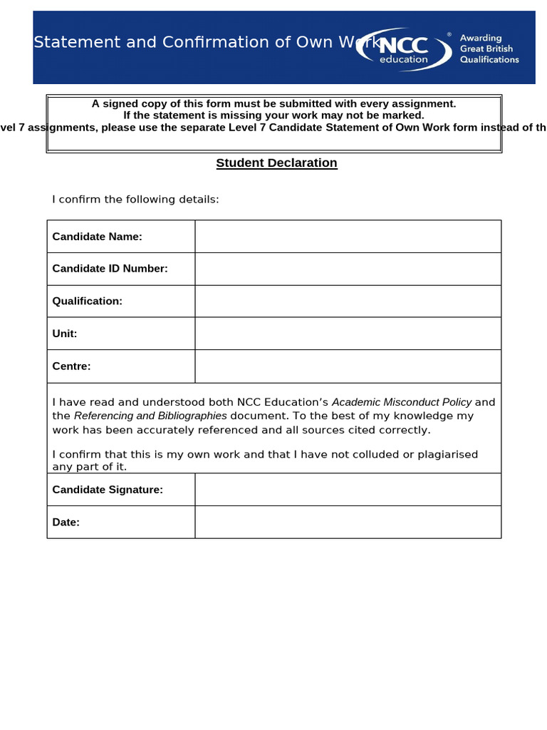 Candidate Statement of Own Work | PDF