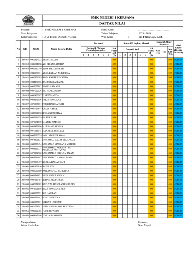 Daftar Nilai Kelas X 2023-2024 Genap | PDF
