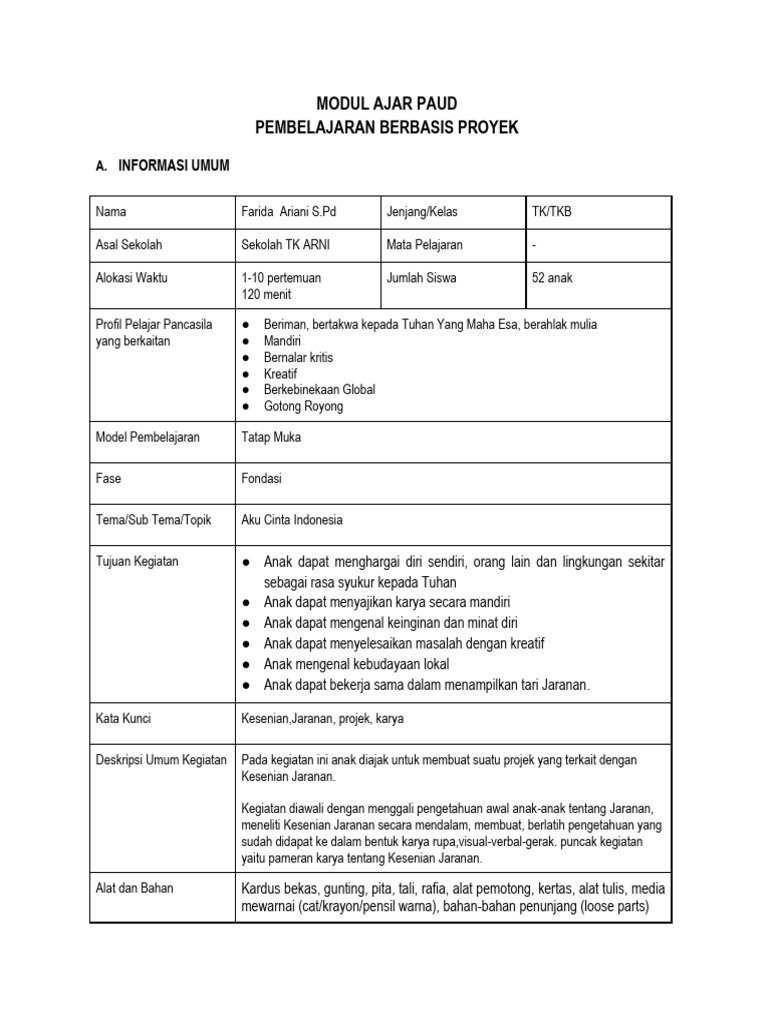 Modul Ajar P5 TK Arni | PDF