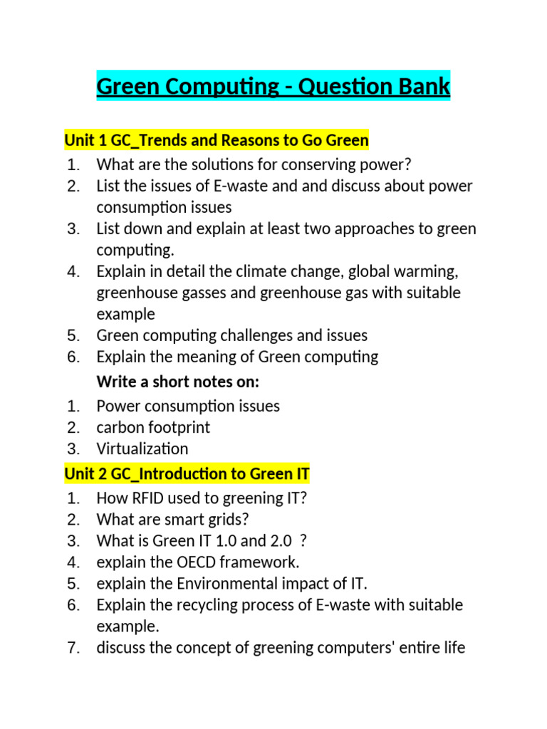 Green computing - question bank | PDF