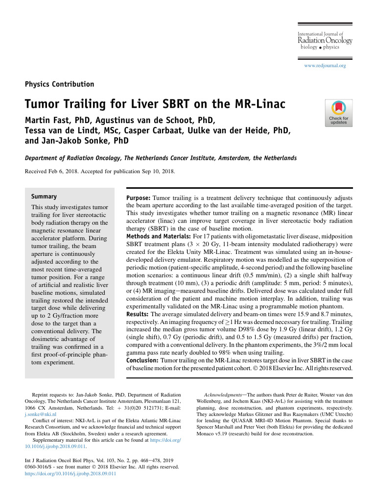 Fast Et Al - 2019 - Tumor Trailing For Liver SBRT On The MR-Linac | PDF