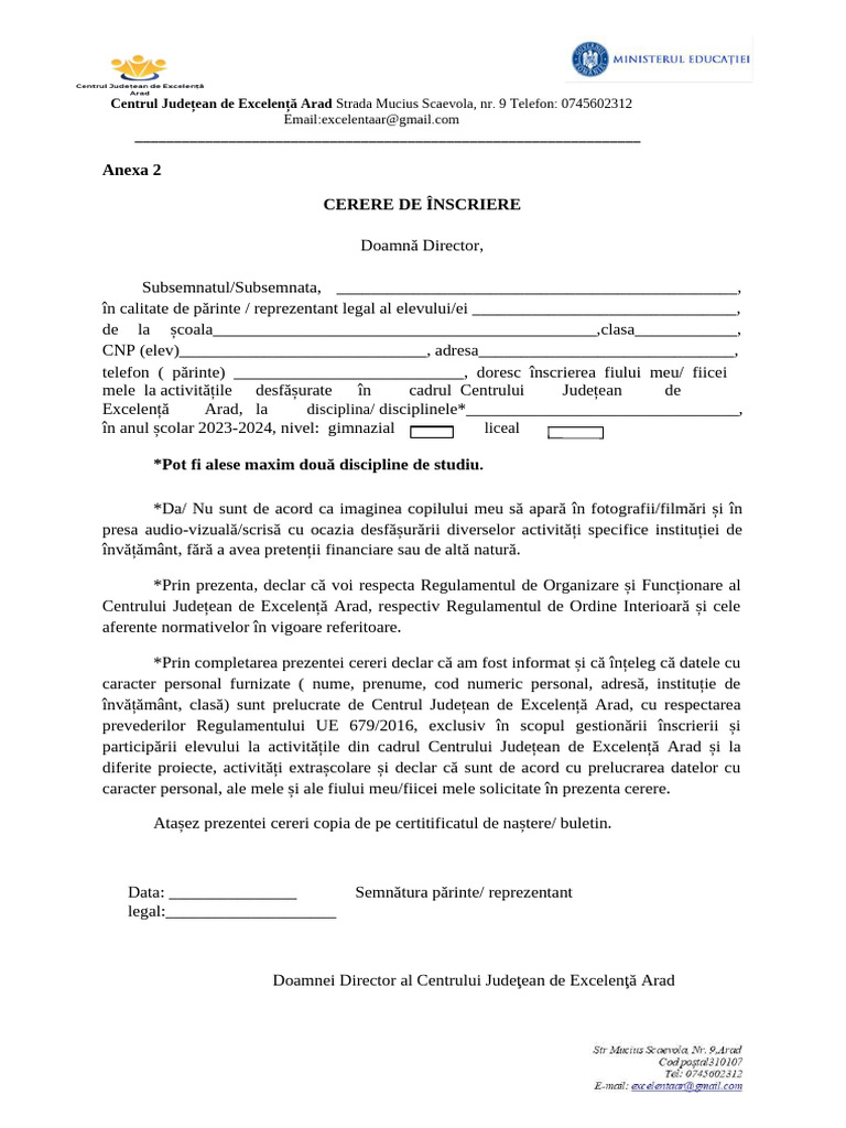 Cerere de inscriere (1) | PDF