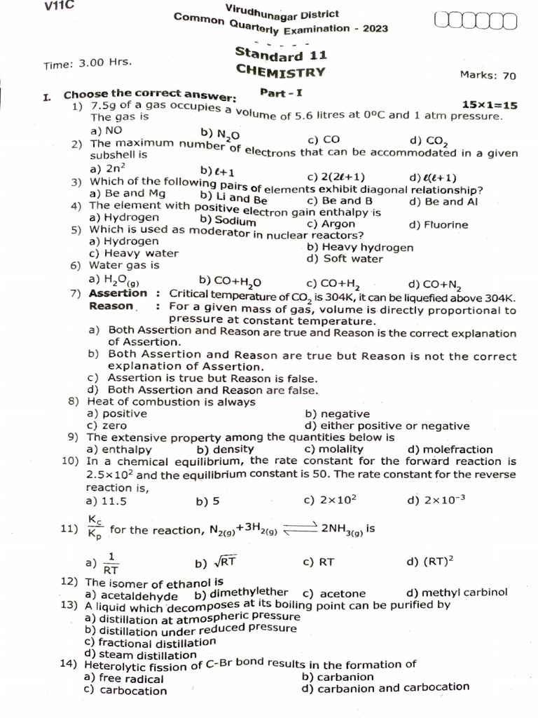 11th Chemistry EM Quarterly Exam 2023 Original Question Paper ...