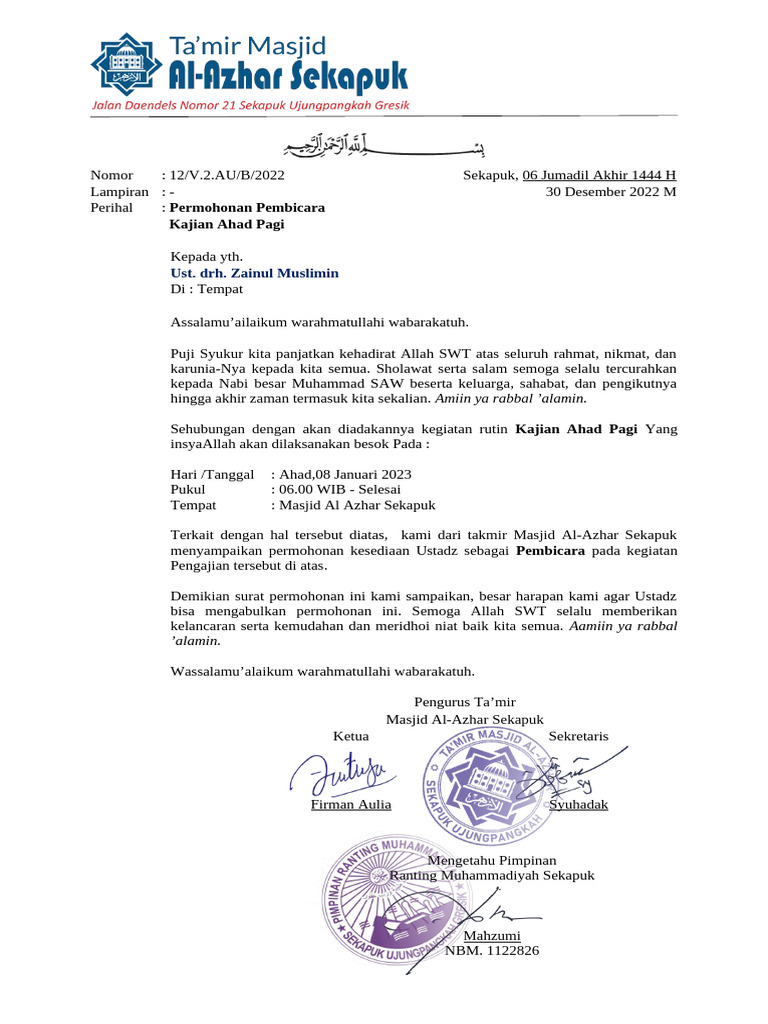 Permohonan Pembicara Kajian Ahad Pagi | PDF