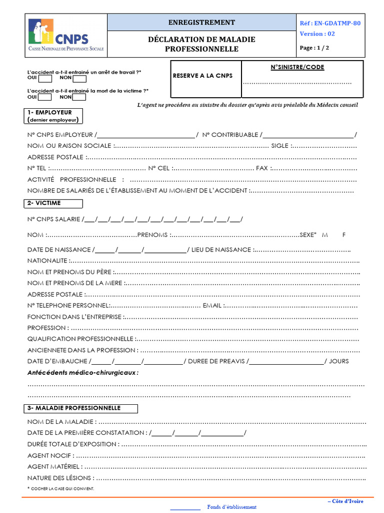 DECLARATION MALADIE PROFESSIONNELLE Version 02 | PDF