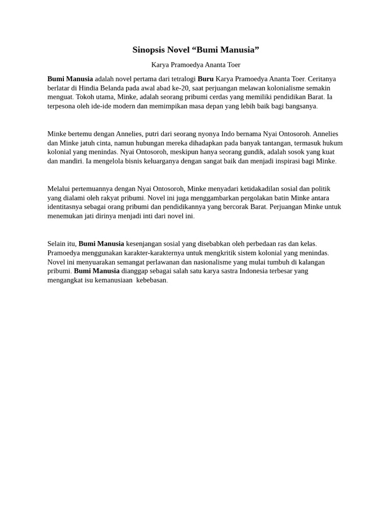 Sinopsis Novel Bumi Manusia | PDF