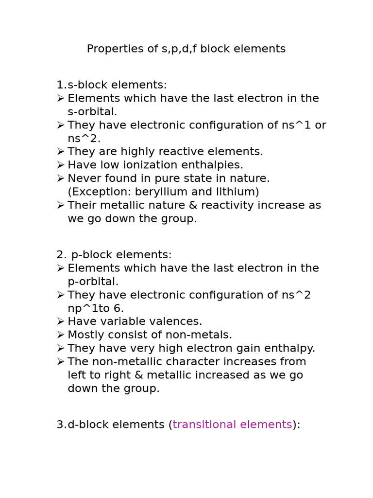 Properties of S, P, D, F Block Elements | PDF