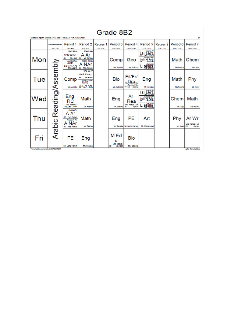 Gr.8B2 Timetable | PDF