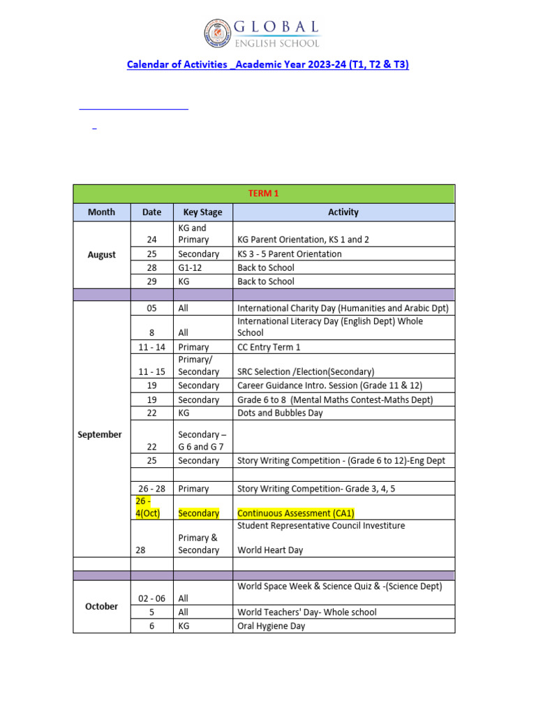 GES Activity Schedule School Year 2023-24 | PDF