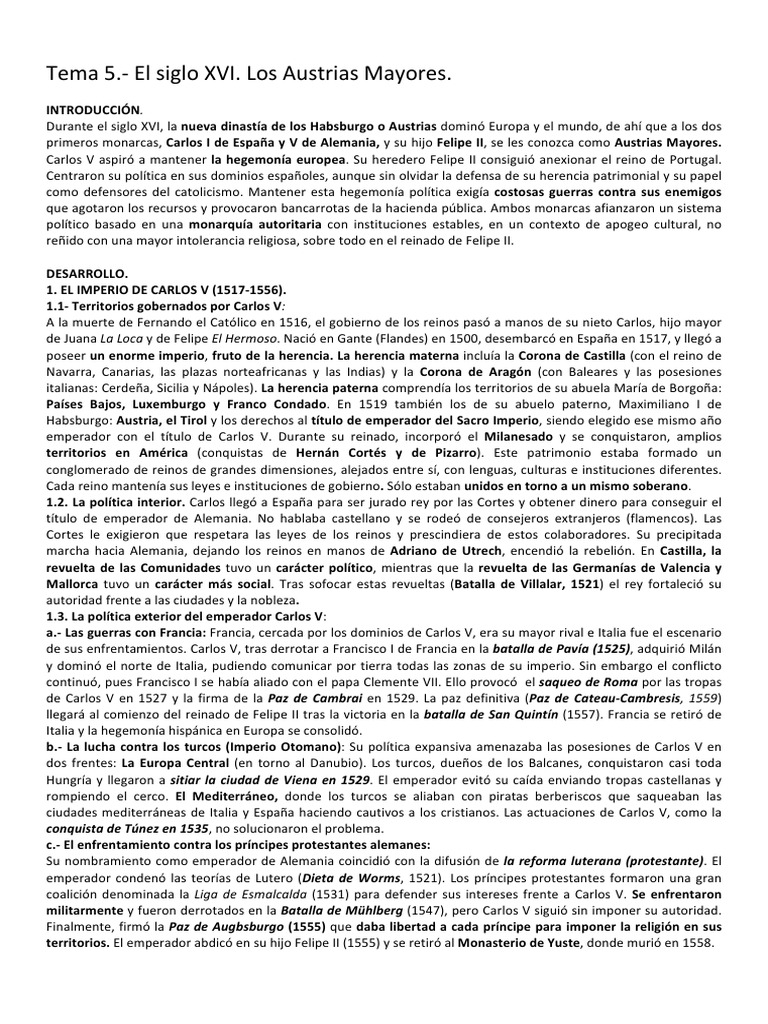 Tema 5. - El Siglo XVI. Los Austrias Mayores. | PDF