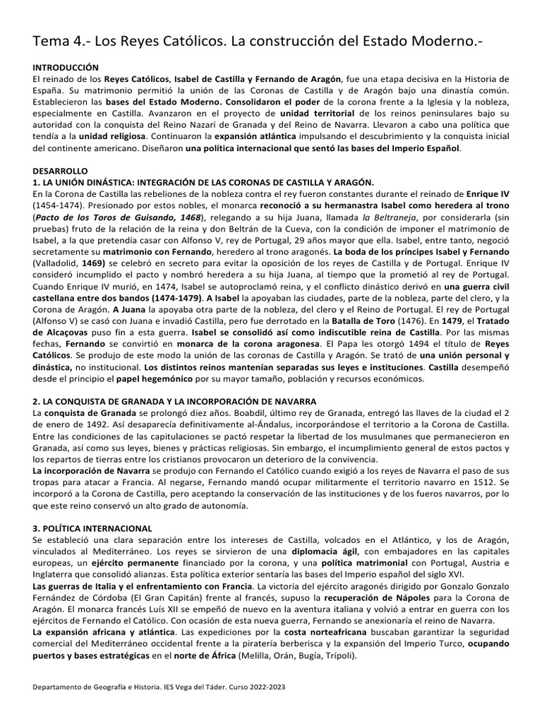 Tema 4. - Los Reyes Católicos. La Constricción Del Estado Moderno. | PDF