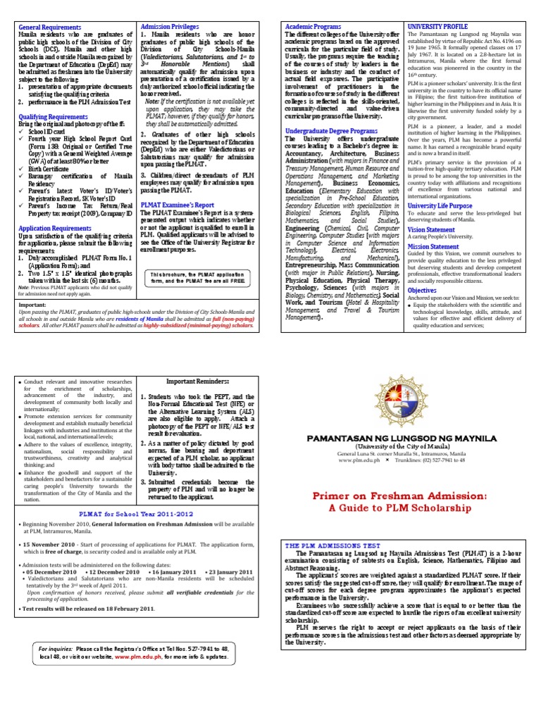 PLMAT 2010 General Information For Freshman Admission | PDF | Identity ...