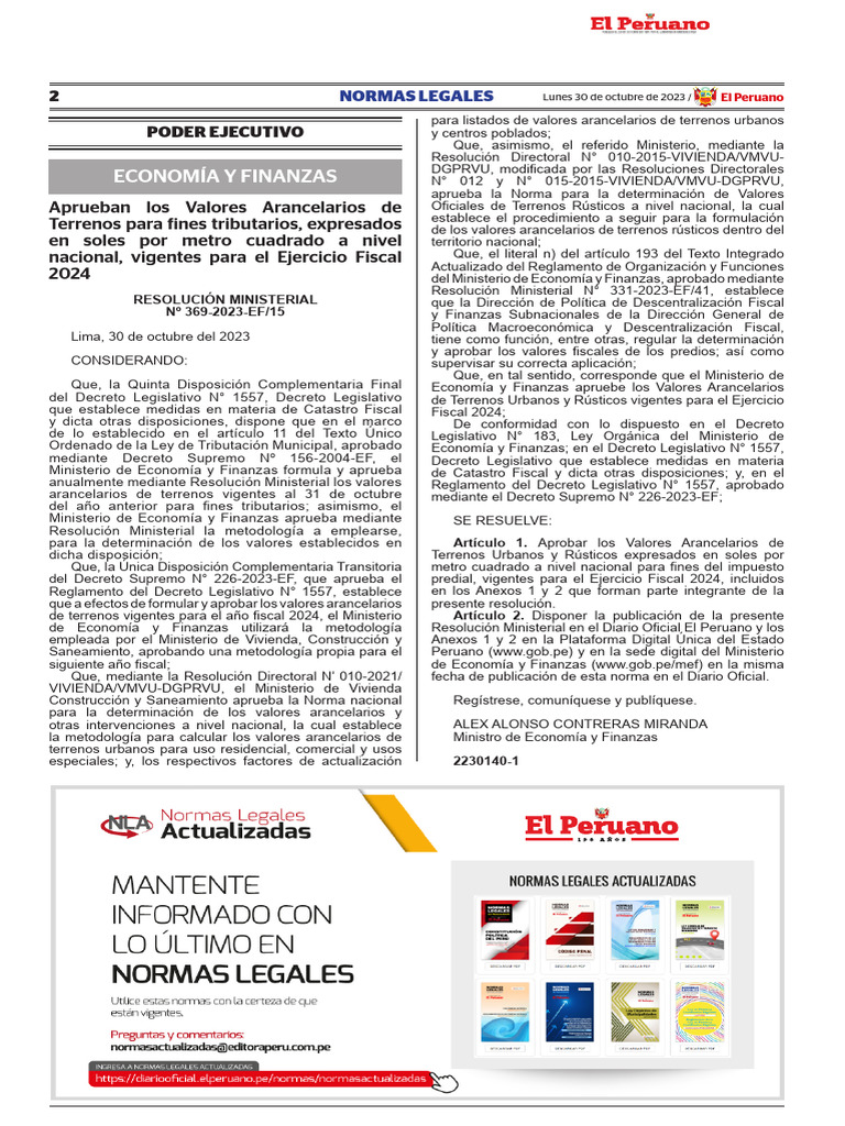 RM 369-2023-Ef.15 (Valores Arancelarios 2024) | PDF