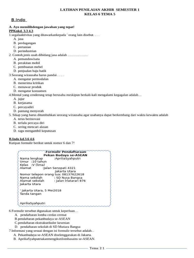 Soal Pas Kelas 6 Tema 5 | PDF