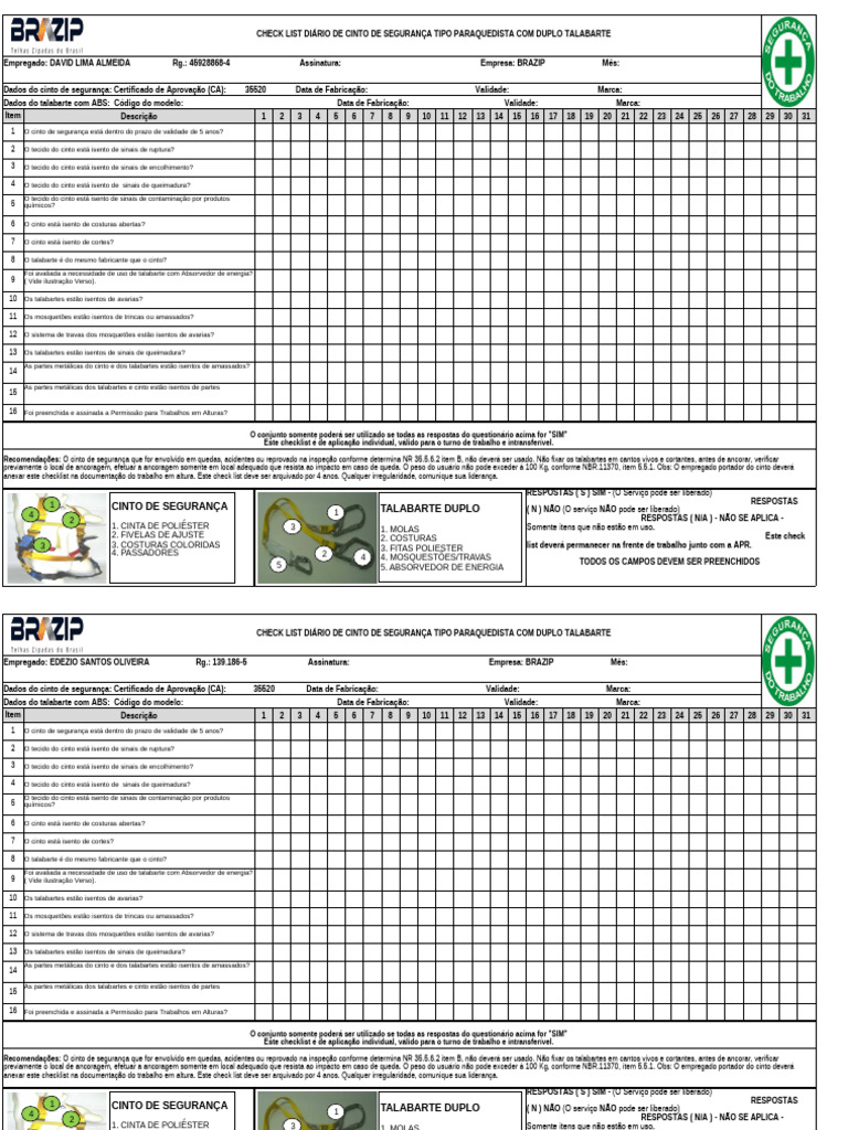 Check List Cinto de Segurança | PDF