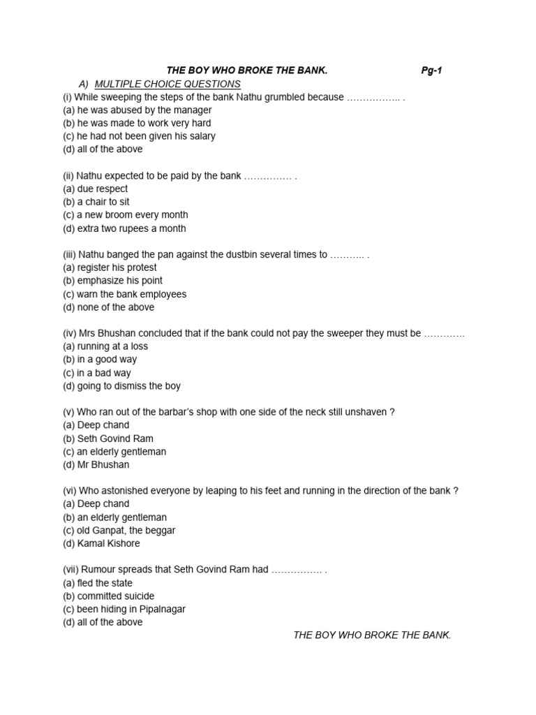 A) Multiple Choice Questions: The Boy Who Broke The Bank. Pg-1 | PDF