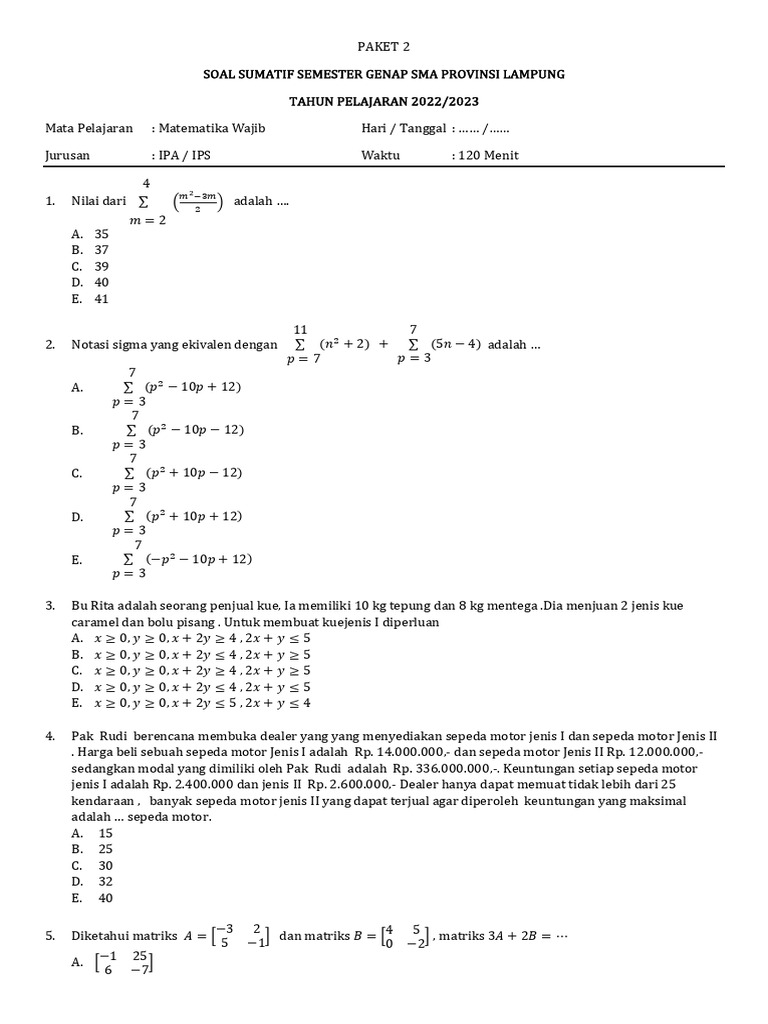 Arsip Soal PAT SMT 2 Kelas 11 K.13 Rev - Mat Wajib Paket 2 | PDF