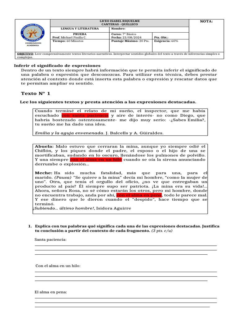 Prueba de Comprensión Lectora 1 Segundo Semestre. | PDF