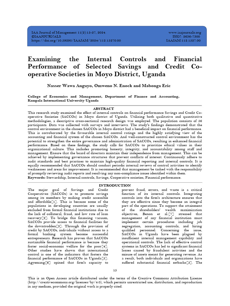 Examining The Internal Controls and Financial Performance of Selected Savings and Credit Co ...