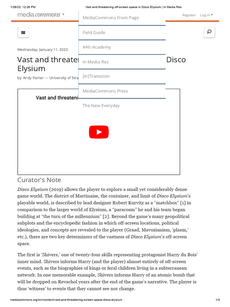 Porter IMR 2023 Vast and Threatening Off Screen Space in Disco Elysium | PDF