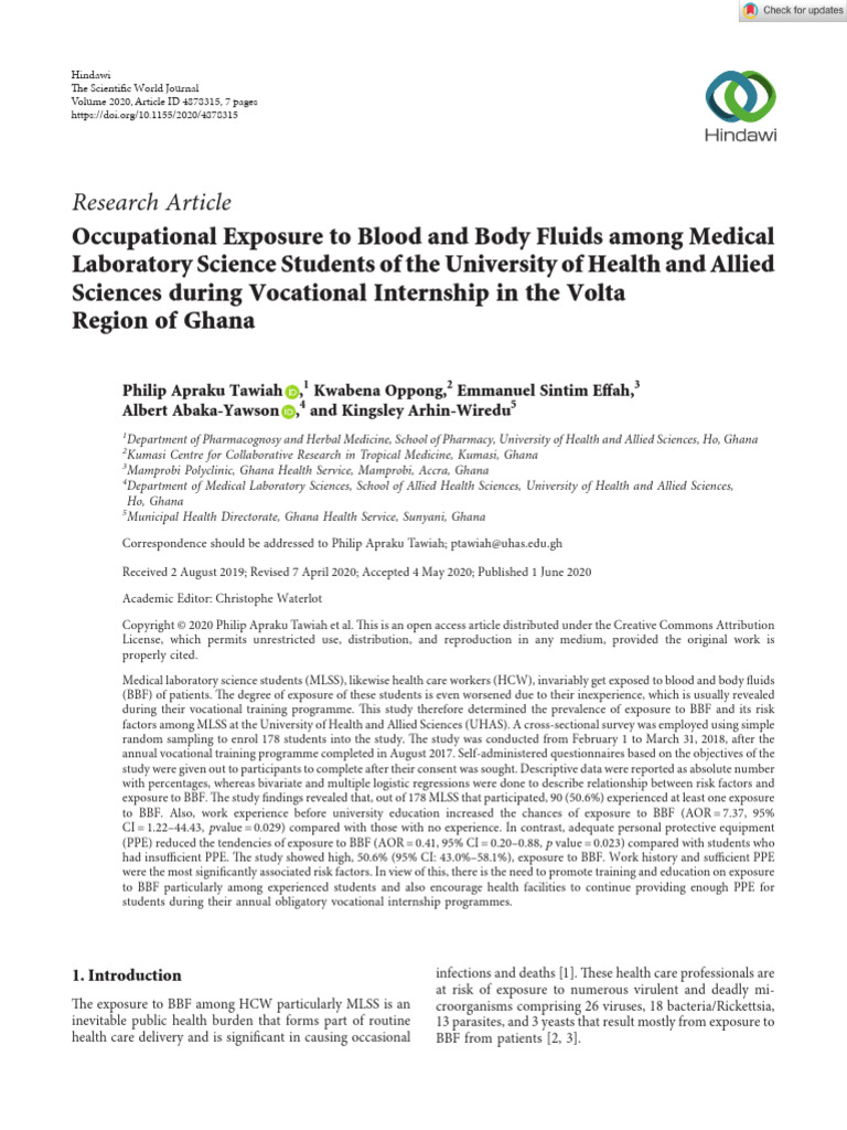 The Scientific World Journal - 2020 - Tawiah - Occupational Exposure To ...