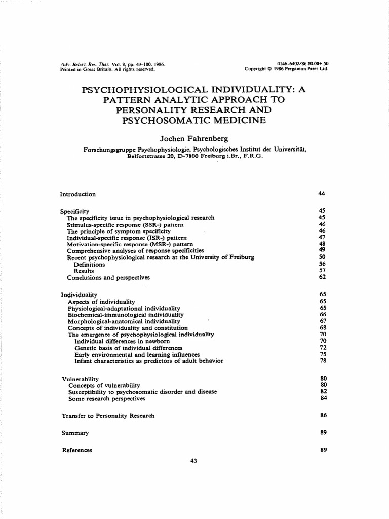 Psychophysiological Indivuality | PDF