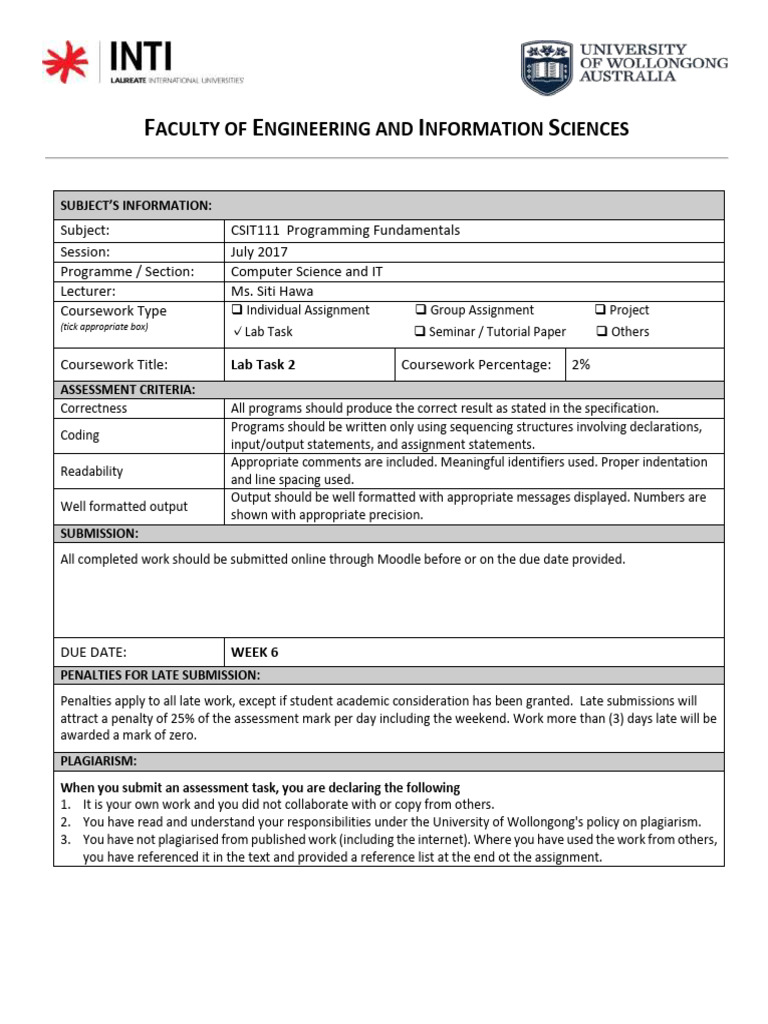 CSIT111-Lab Task 2 | PDF