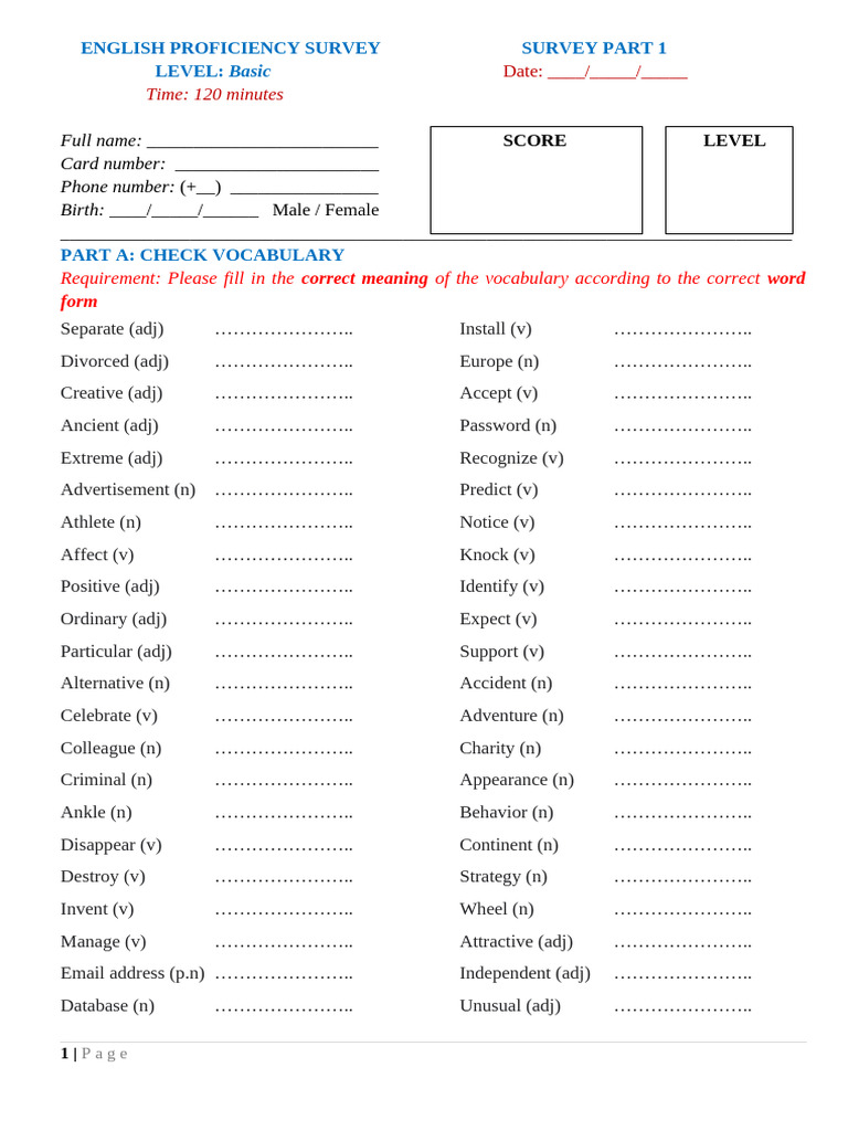 ENGLISH PROFICIENCY SURVEY SURVEY PART 1 | PDF