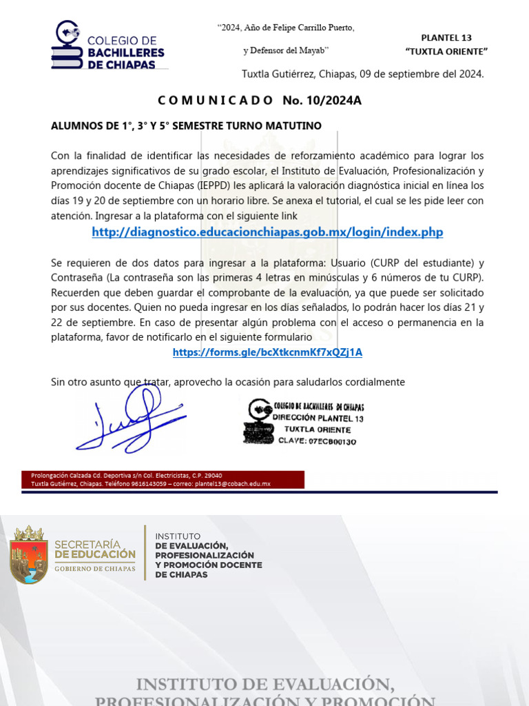 COMUNICADO EVALUACIÓN IEPPD DIAGNÓSTICA INICIAL | PDF