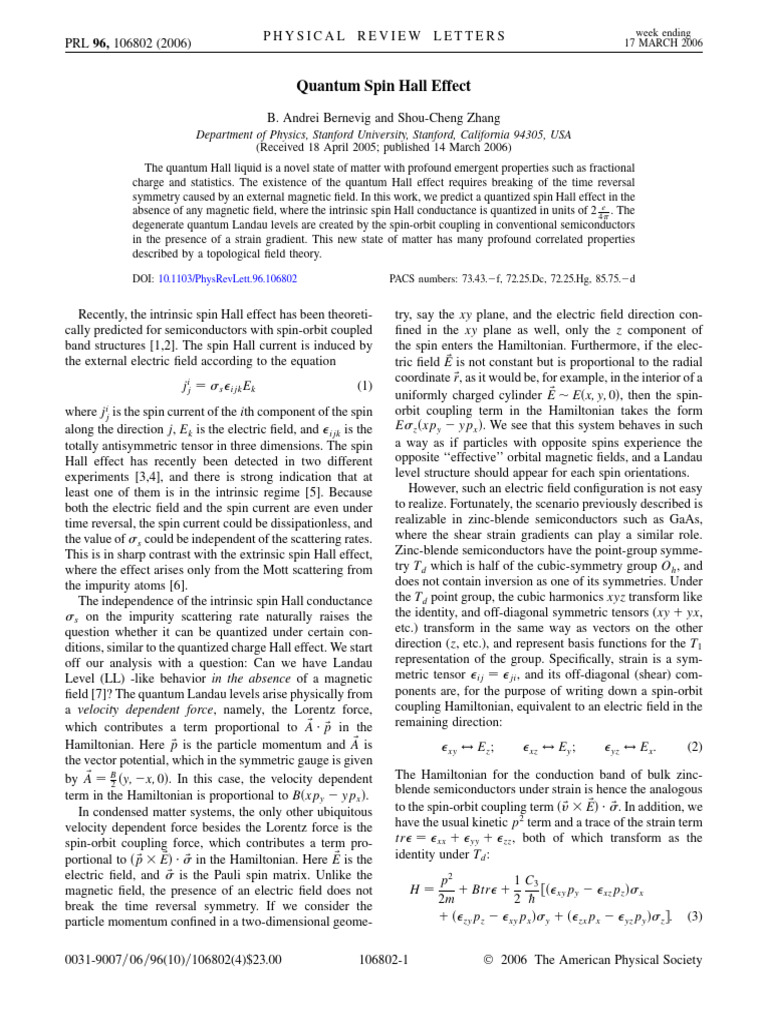 2006-Quantum Spin Hall Effect | PDF