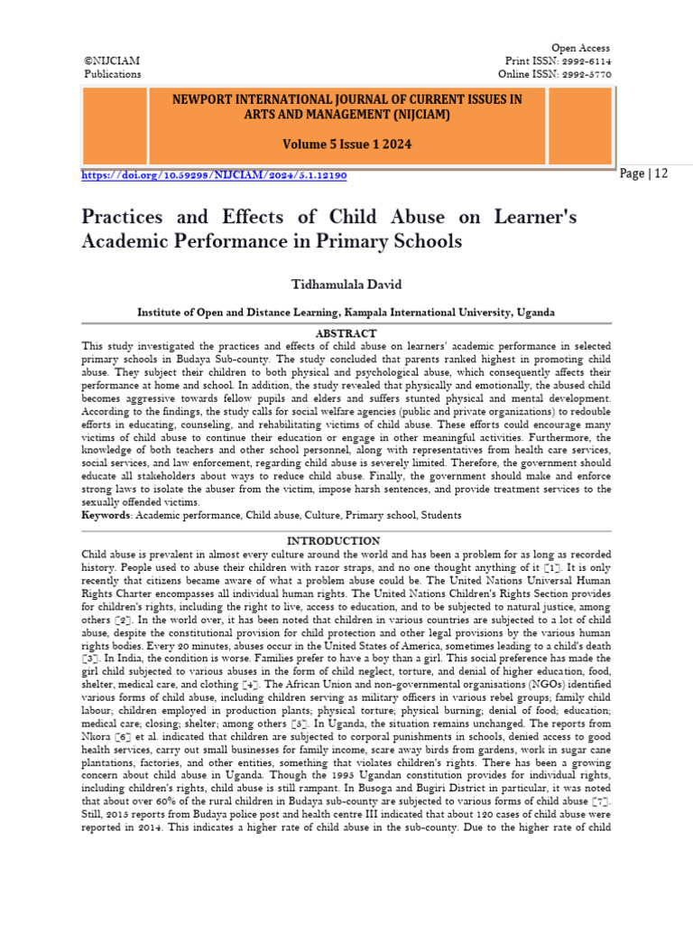 Practices and Effects of Child Abuse On Learner's Academic Performance ...