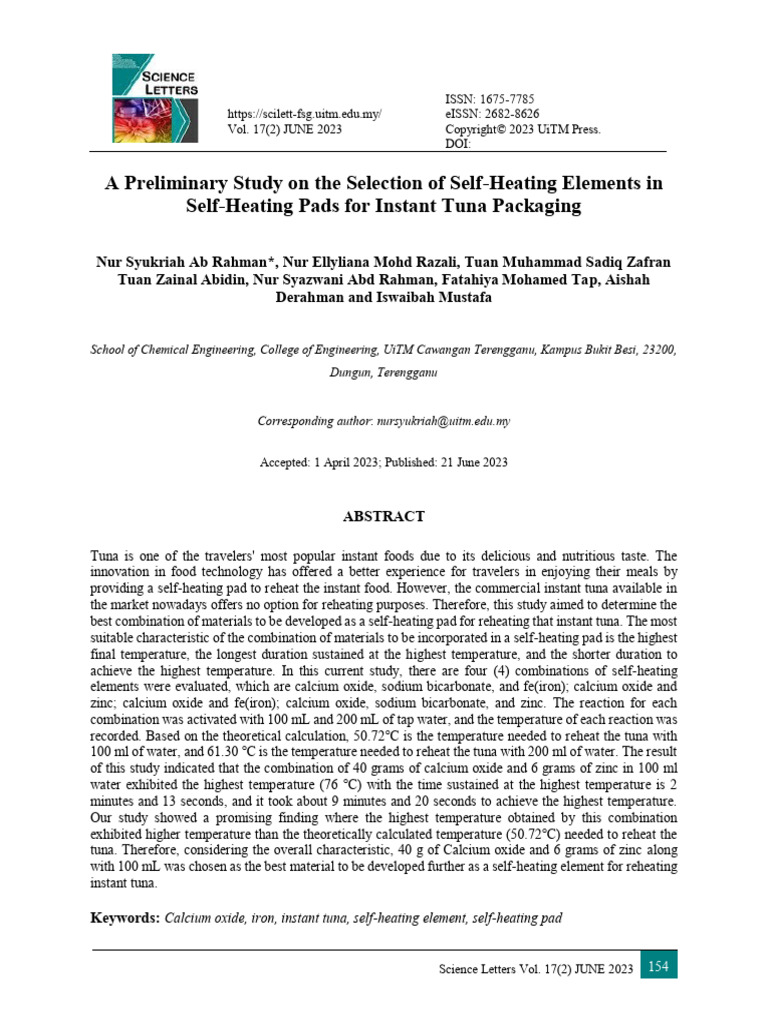 A Preliminary Study On The Selection of Self-Heating Elements in Self-Heating Pads For Instant ...
