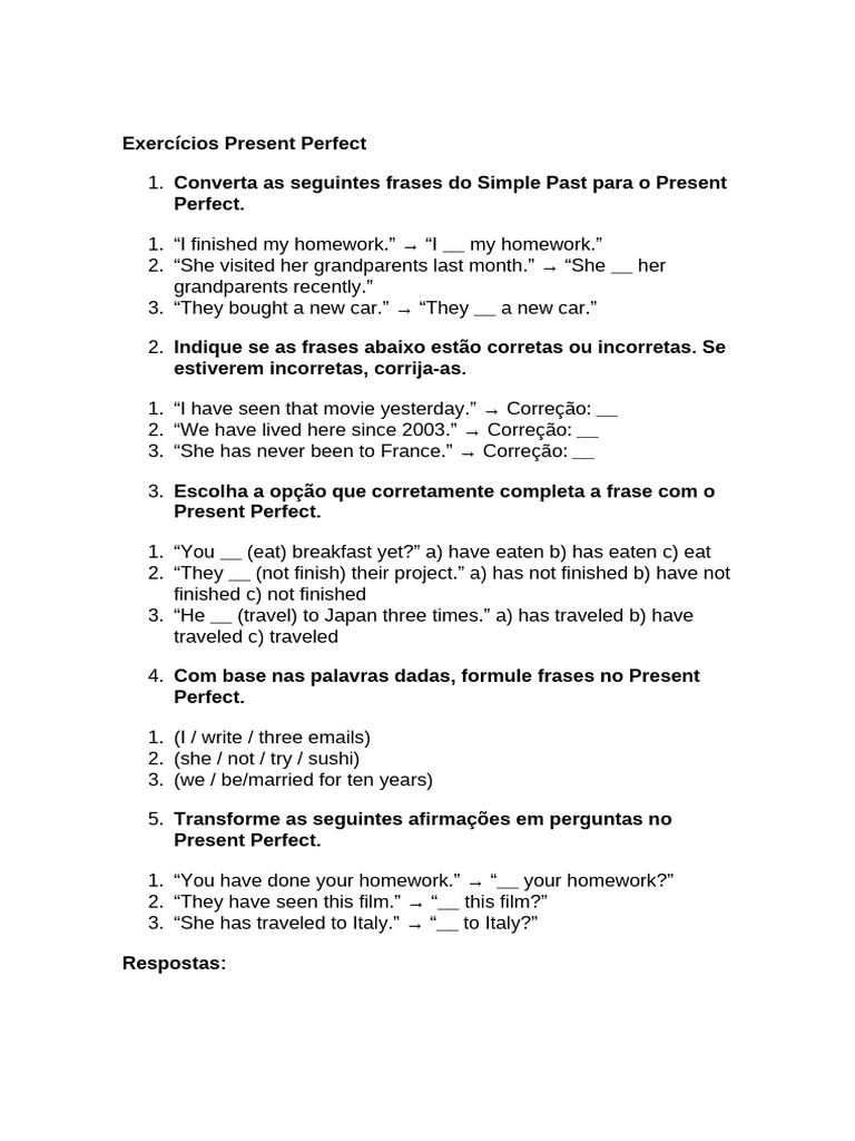 Exercícios Present Perfect | PDF