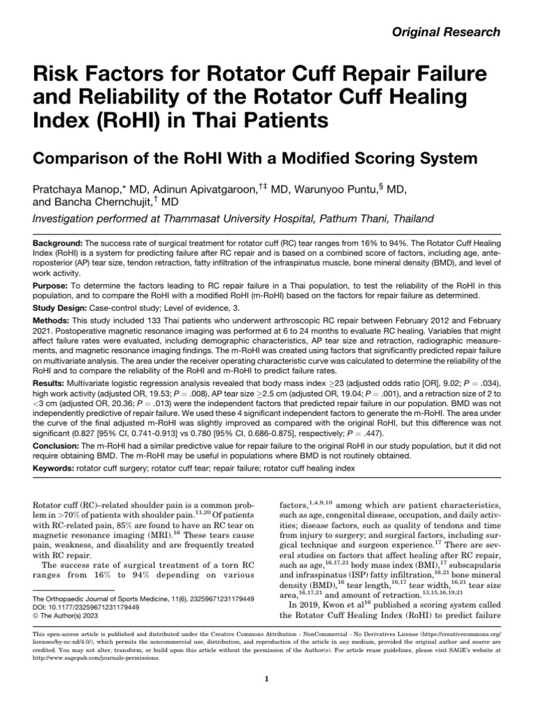 Risk Factors For Rotator Cuff Repair Failure | PDF
