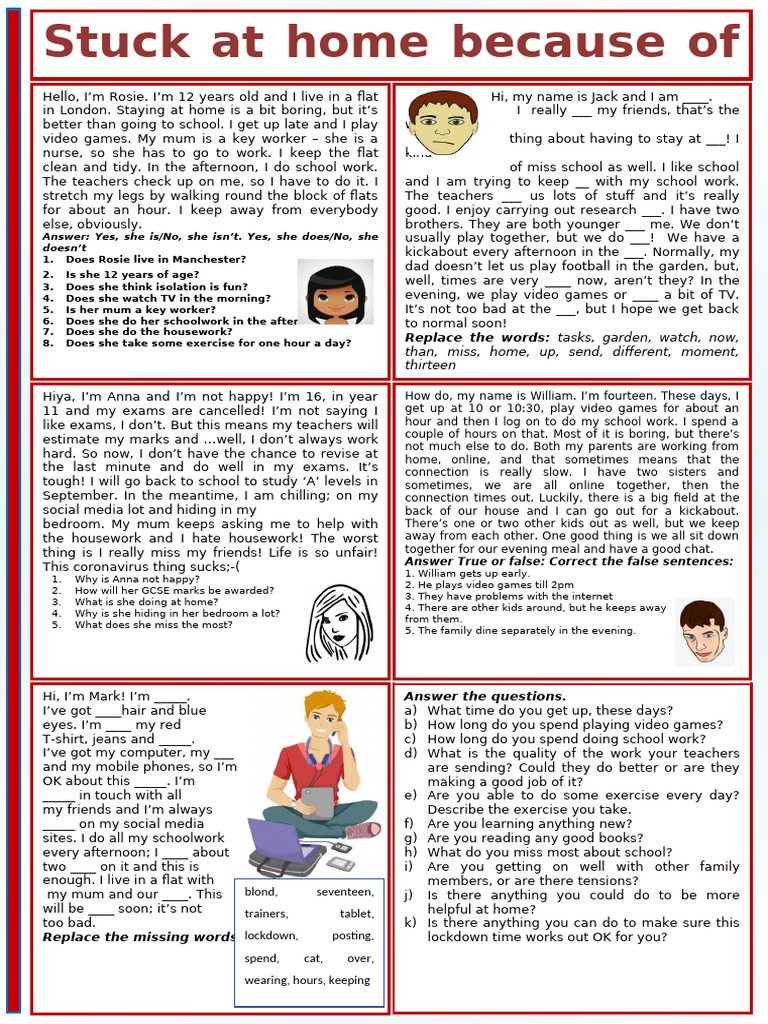 Mini Readings Stuck at Home With Covid 19 Reading Comprehension ...