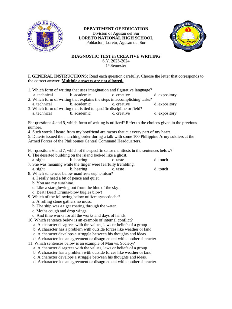 Creative Writing Diagnostic Test 2023 | PDF | Poetry | General Fiction