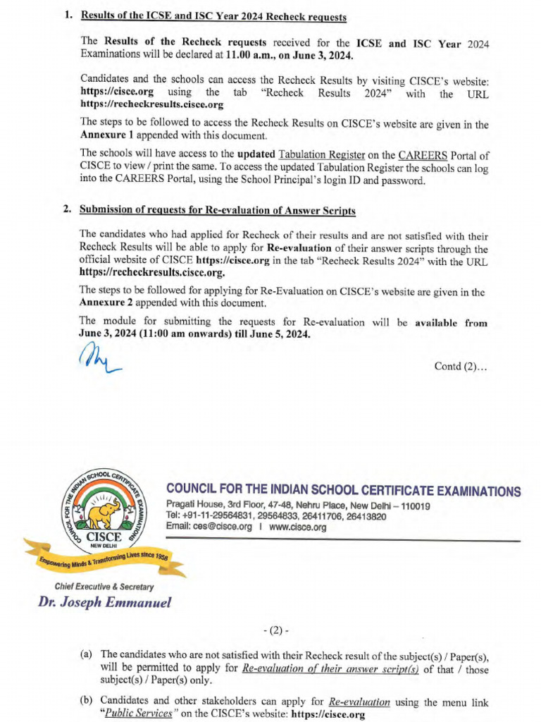 ICSE ISC Recheck Reevaluation Improvement Exams | PDF