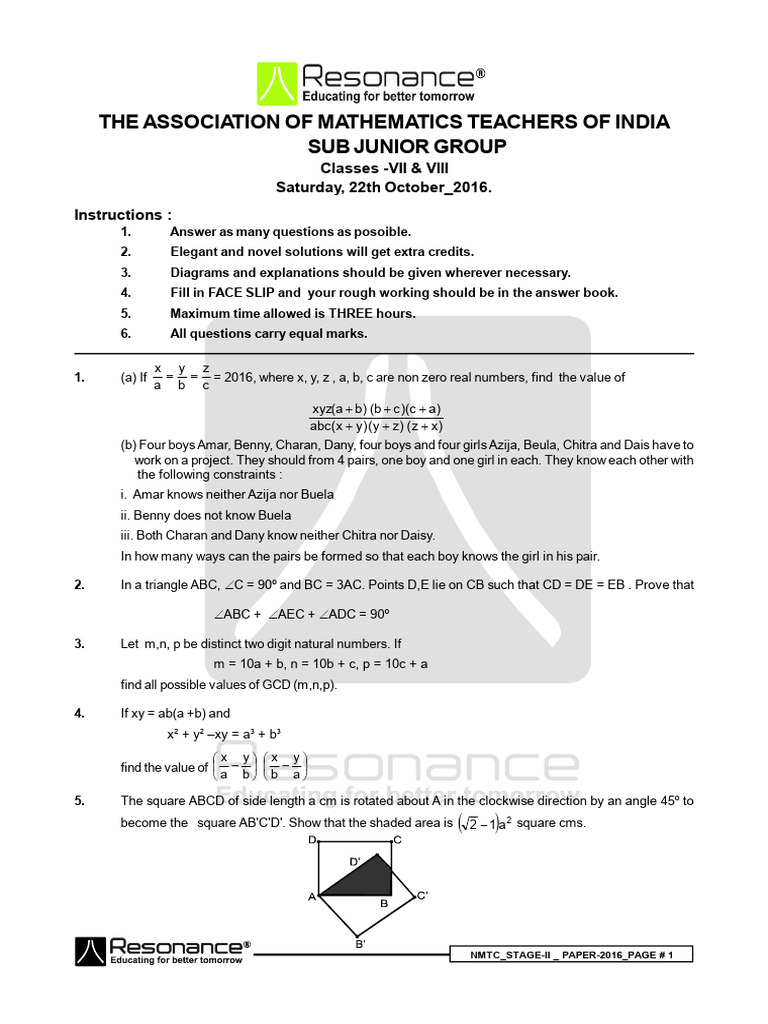 211 NMTC Stage2 2016 17 Paper Sub Junior Group 7 8 | PDF